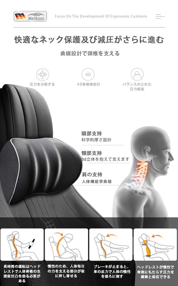 Meikaso ネックパッド 車 クッション 低反発 ネックピロー ド SGS認証/100D高密度ヘッドレスト 旅行 運転 汎用品 自動車 用 車内装 取付簡単 調節可能 洗える 3年保証 ...