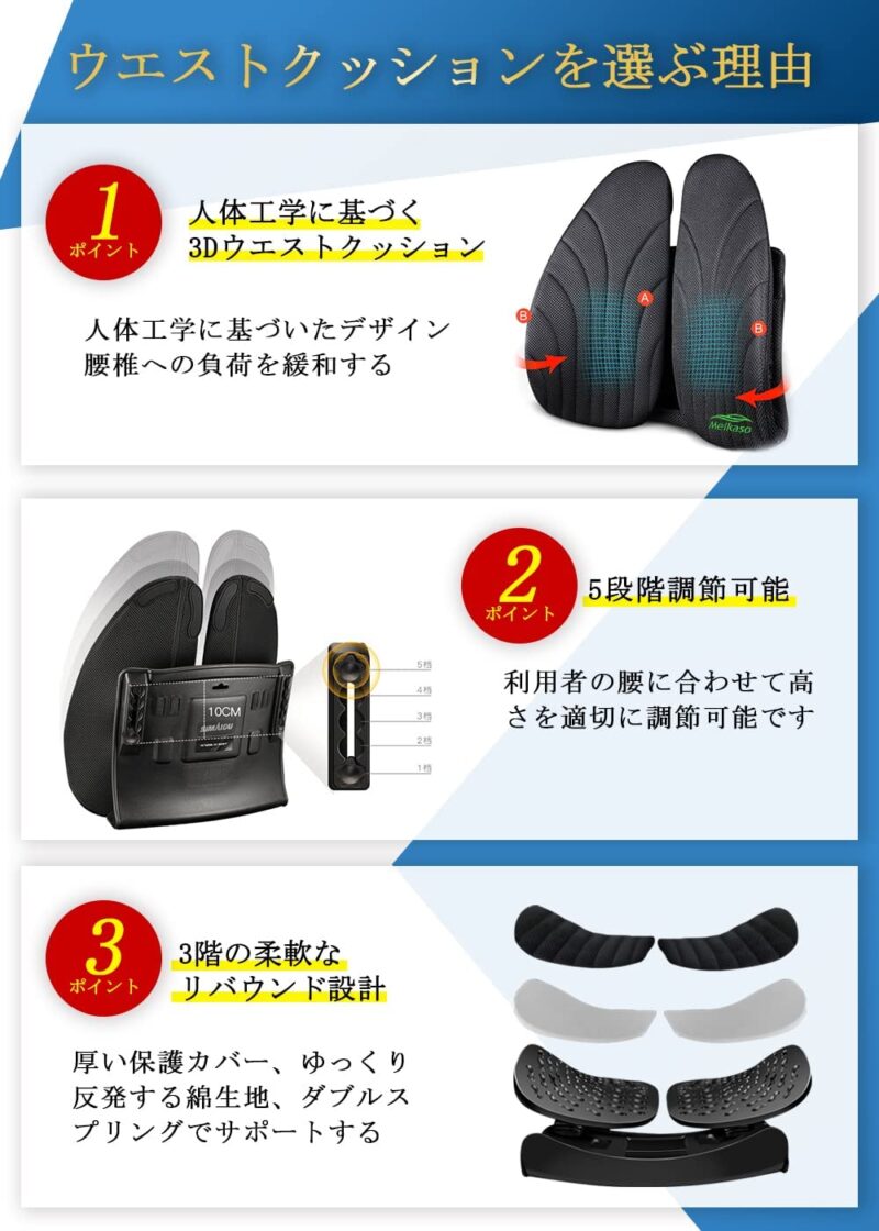 Meikaso 腰枕 背もたれ 腰椎 サポート 姿勢サポート 高さ調節クッション 腰クッション 5段階高さ調節可能 SGS認証 人間工学 長時間運転に 車の旅行中/自宅/オフィス/プレゼント用 ...